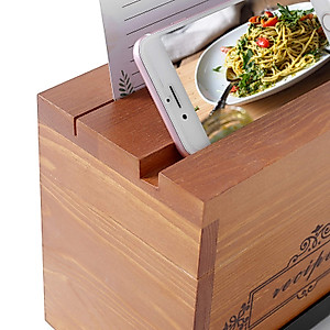 WELLAND Wood Recipe Box with 4 x 6 Inches Cards, Phone Slot on the Top, Pull-out iPad Holder Stand, Card Dividers with Tap