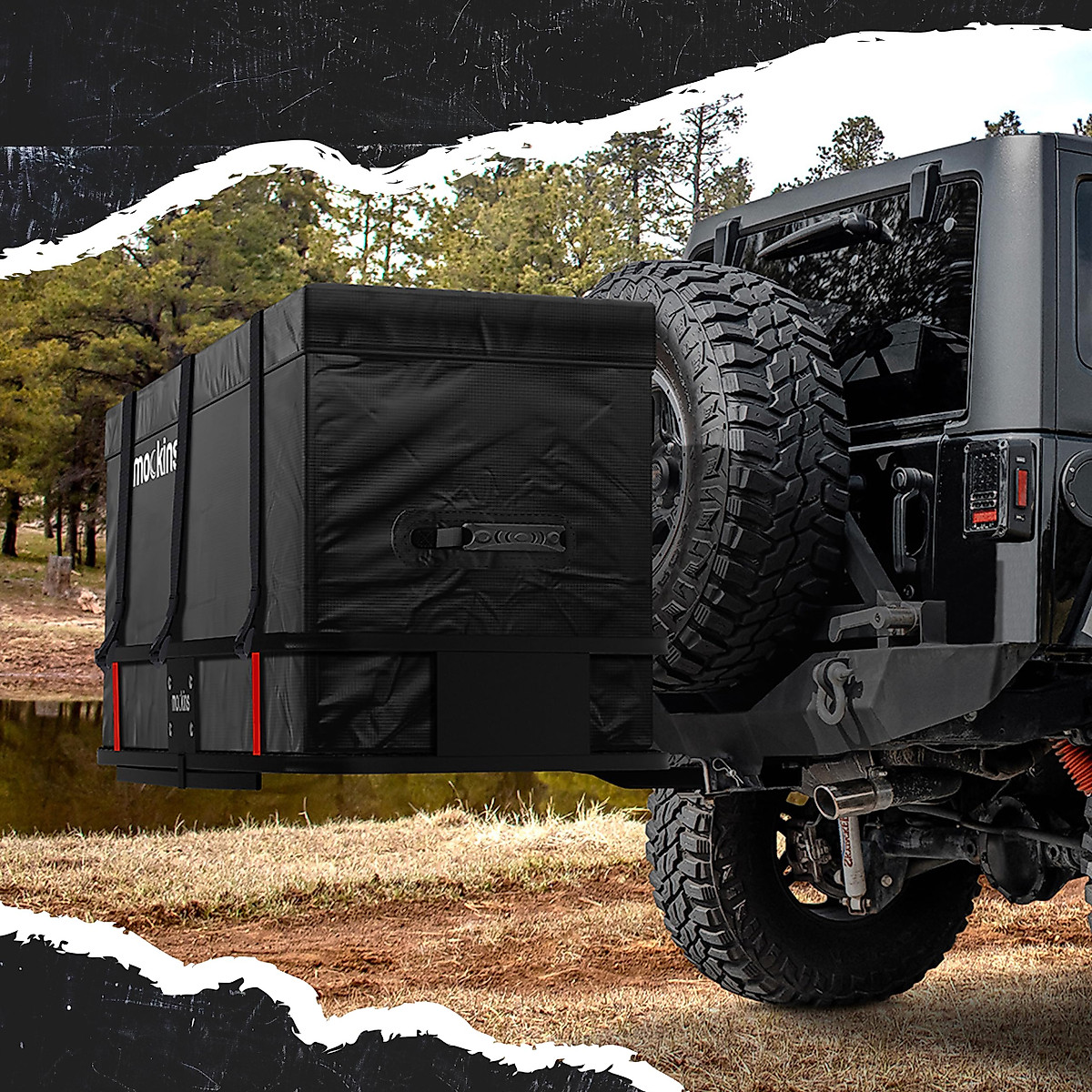 Mockins 25 Cu.Ft. Trailer Hitch Cargo Carrier Bag | 60"x24"x31" Waterproof Cargo Bag for Hitch Carrier | Weatherproof Abrasion Resistant Vinyl Vehicle Soft-Shell Carriers w/Straps, Lock, & Carry Bag