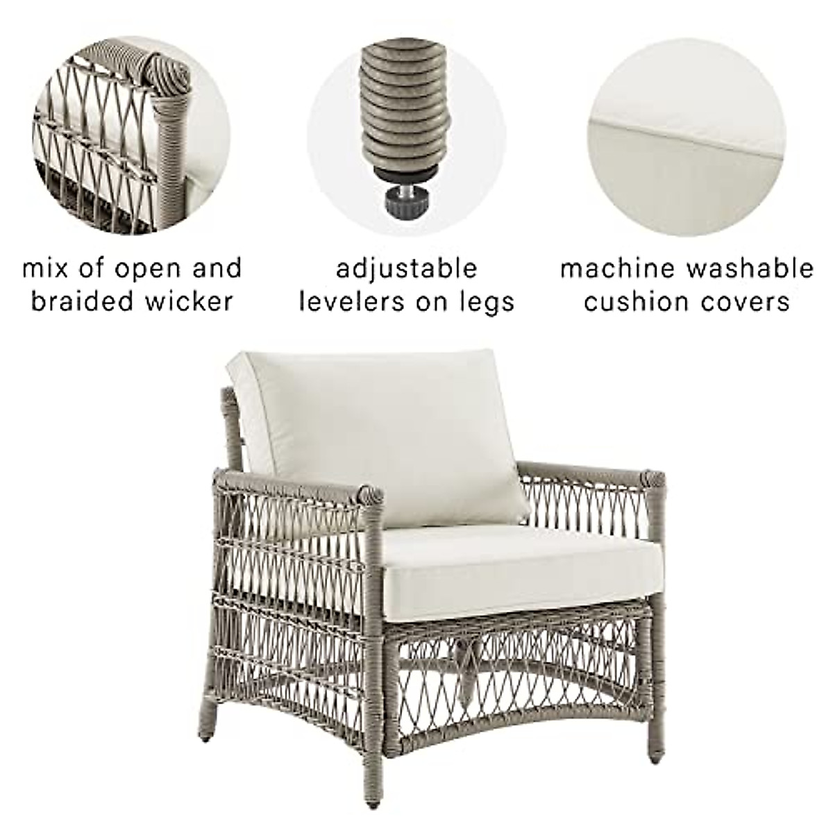 Crosley Furniture Thatcher Wicker Outdoor Chair for Porch, Deck, Backyard, Driftwood with Creme Cushions