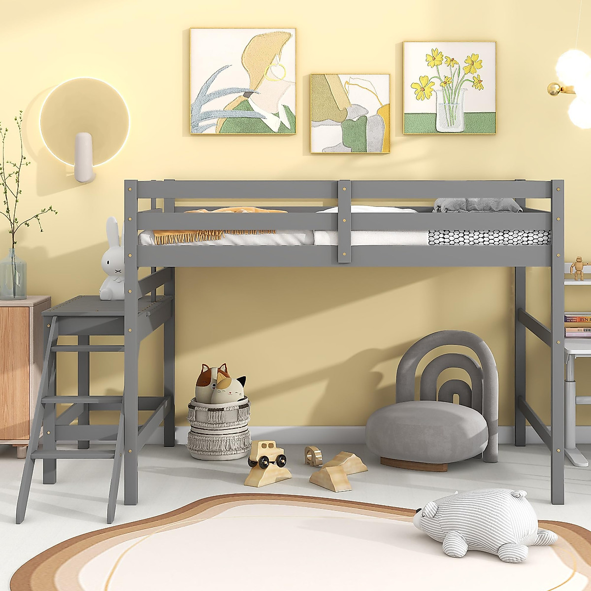 HZHOME Full Loft Bed with Platform and Ladder, Wood Low Loft Bed for Kids, Junior Loft Bed Full Size with Spacious Underneath Space for Children Girls Boys Bedroom,No Box Spring Needed, Grey