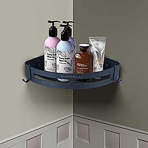 Adhesive Bathroom Shower Corner Shelf Wall Mounted,Shower Caddy Organizer with Removable Hooks, Aluminum Storage Shelves for Bathroom and Kitchen (Black triangle double basket)