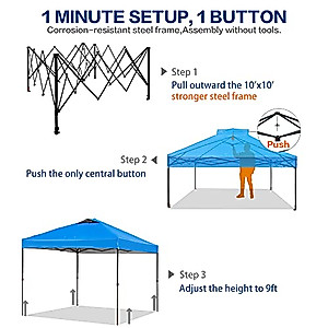 Tunbne 10'x10' Pop Up Canopy Tent with Vented Roof, Instant Shade Canopy for Parties Beach Outdoor, One Push Easy Setup Tent with Wheeled Frame Heavy Duty and Storage Case, 8 Stakes, 4 Ropes (Blue)