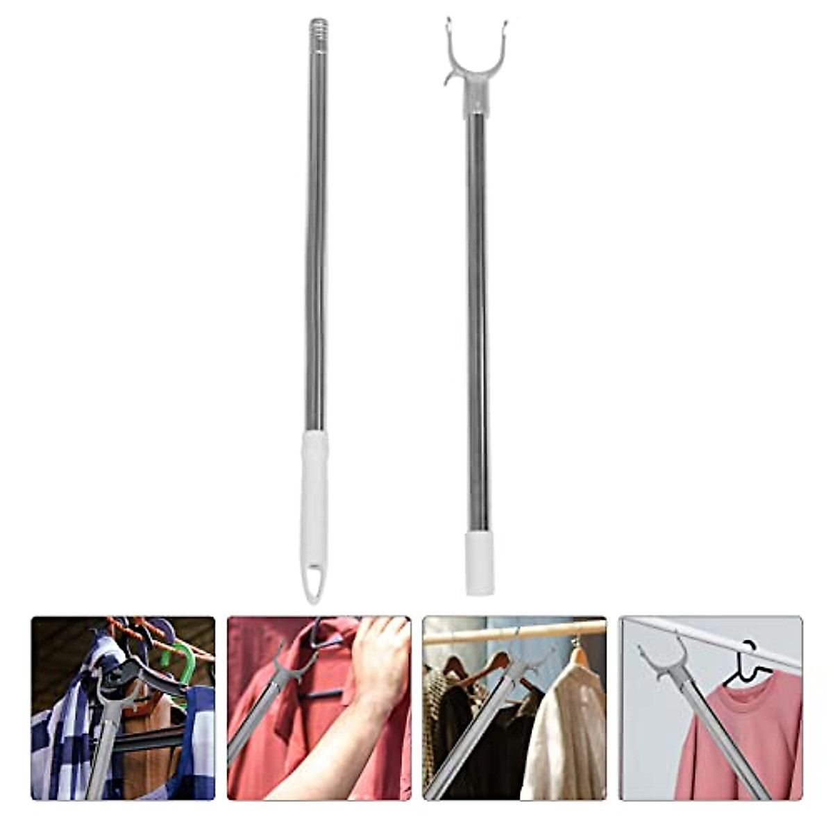 Angoily Long Reach Pole Hook Telescopic Closet Reacher Pole Adjustable Clothesline Pole Reach Stick Clothing Hook Laundry Clothing Hanger Assist Tool 131cm