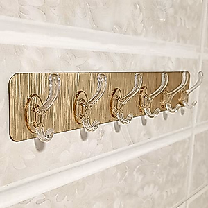 Wall Mounted Coat Rack - 6 Tri Large Hooks,Heavy Duty,Strong Adhesive Hook,Quality PC Nanometre Coat Hook Rail for Coat Hat Towel Purse Robes Mudroom Bathroom Entryway-Traceless (Gold, 2)