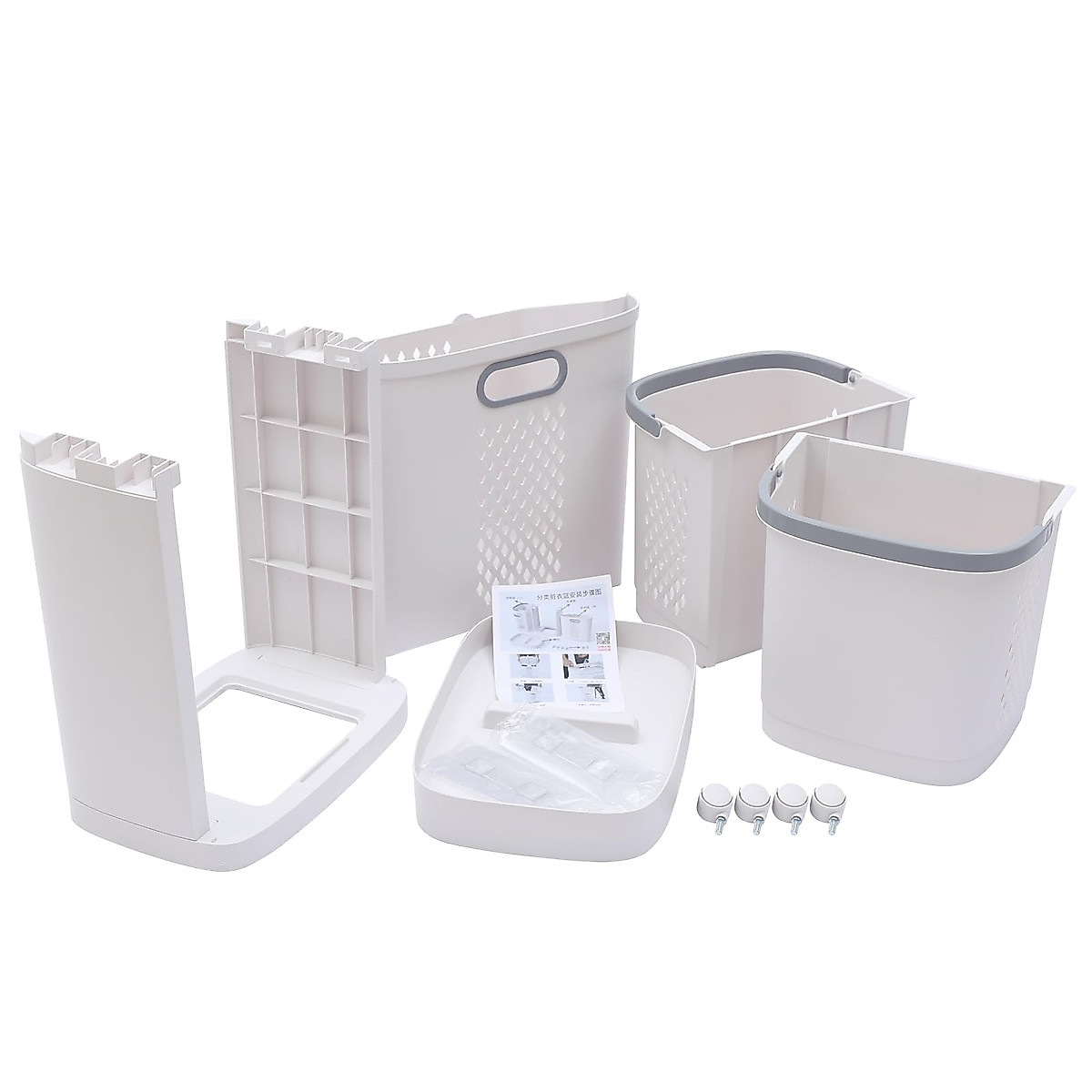 2 Tier Plastic Laundry Basket With Wheels,Movable Household Laundry Basket，Bathroom Clothes Storage Basket Cart,Floor-Standing Hand-Held Laundry Basket for Home,White