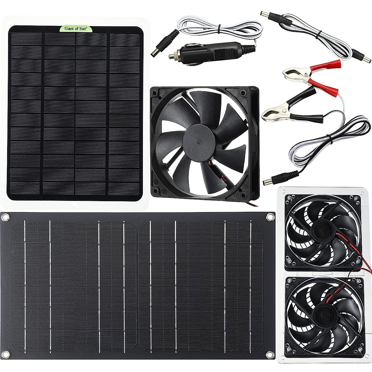 2 Sets Solar Powered Panel Fan Kits, 10W Solar Panel Dual Fan and DC USB Single Fan Car Charger IPX7 Waterproof for Small Chicken Coop, Dog House, Shed, Greenhouse, Window Exhaust