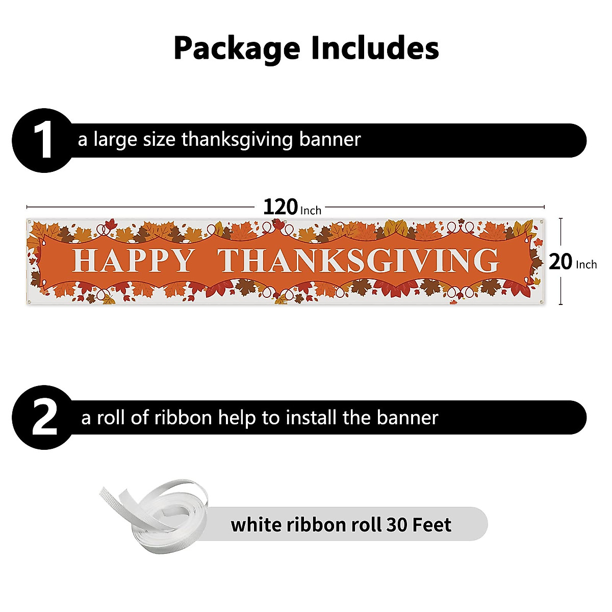 Large Happy Thanksgiving Decorations Banner Outdoor Yard Signs 120" x 20" Party Supplies Holiday Decor Fall Leaves Hanging Photo Backdrop Vivid Colors Welcome Garden Flag for House Fence Garage Baclony Door Porch Home Decor