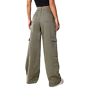 Cargo Pants Women High Waist Baggy Cargo Jeans Relaxed Fit Y2K Streetwear Pants Casual Elastic Waistband Combat Military Trousers L-Gray Green.