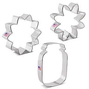 Summer Flowers Cookie Cutters 3-Pc. Set Made in the USA by Ann Clark, Sunflower, Daisy and Mason Jar