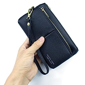 Women Leather Wristlet Clutch Wallet Handbag Purse Travel Cellphone Case Pouch (Black) Small
