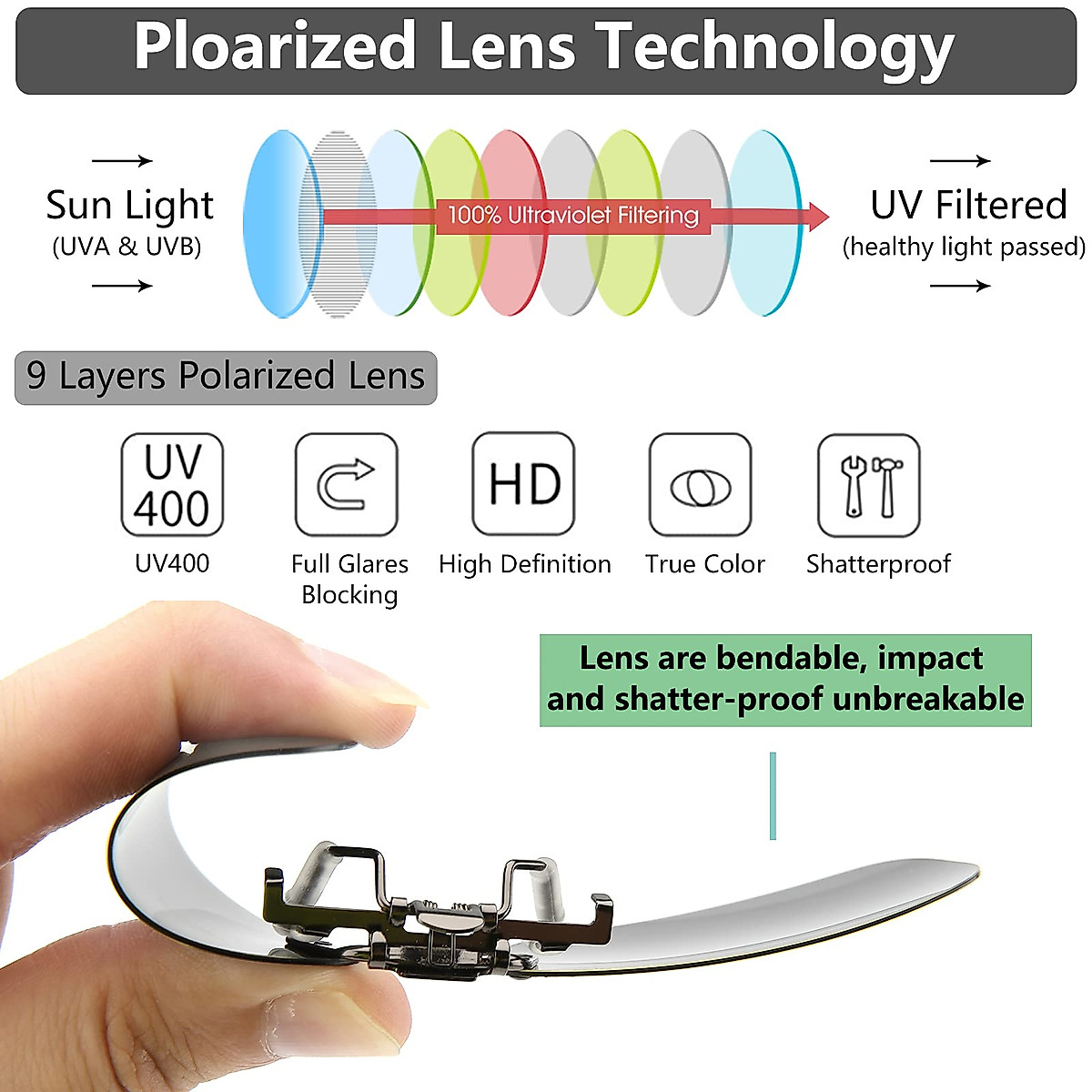 CAXMAN Polarized Clip On Sunglasses Over Prescription Glasses or Reading Glasses for Men Women Flip Up Rimless Rectangle Lens Cover Eyeglasses, Grey Lens, 60 * 42mm