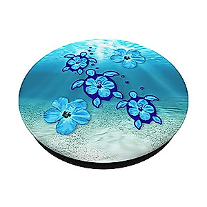 Blue Cute Honu Sea Turtles Hawaii Floral Hibiscus Flowers PopSockets Swappable PopGrip