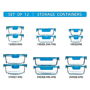 FAWLES 12 Pack Glass Meal Prep Containers with Airtight Lids, Leak-Proof Food Storage Containers, Dishwasher/Microwave/Oven/Freezer Safe Glass Containers for Lunch, Leftovers, to Go (Blue)