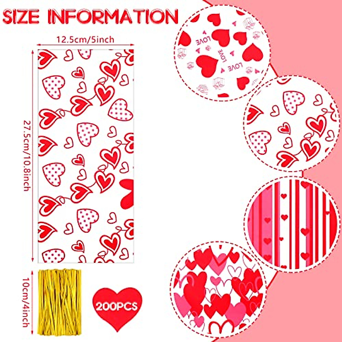 200 Pieces Valentine Cellophane Treat Bags Valentine's Day Plastic Heart Bags Candy Goodies Gift Bags and 200 Pieces Gold Twist Ties for Valentine Party Supplies