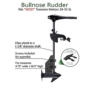 Bullnose Rudder clamp on boat rudder fits a 1.125" transom trolling motor shaft. Commonly used for, inflatable Pontoon, Pelican Bass Raider 10E, fishing Kayak, Canoe, Jon boat, etc. USA Manufactured