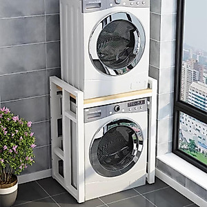 HOLMZCED Stackable Washer Dryer Standing Rack Shelf, Steel Washer Dryer Machine Stacking Rack Stand Wooden Washing Machine Shelf Heavy Duty Space Saving for Bathroom Laundry Room