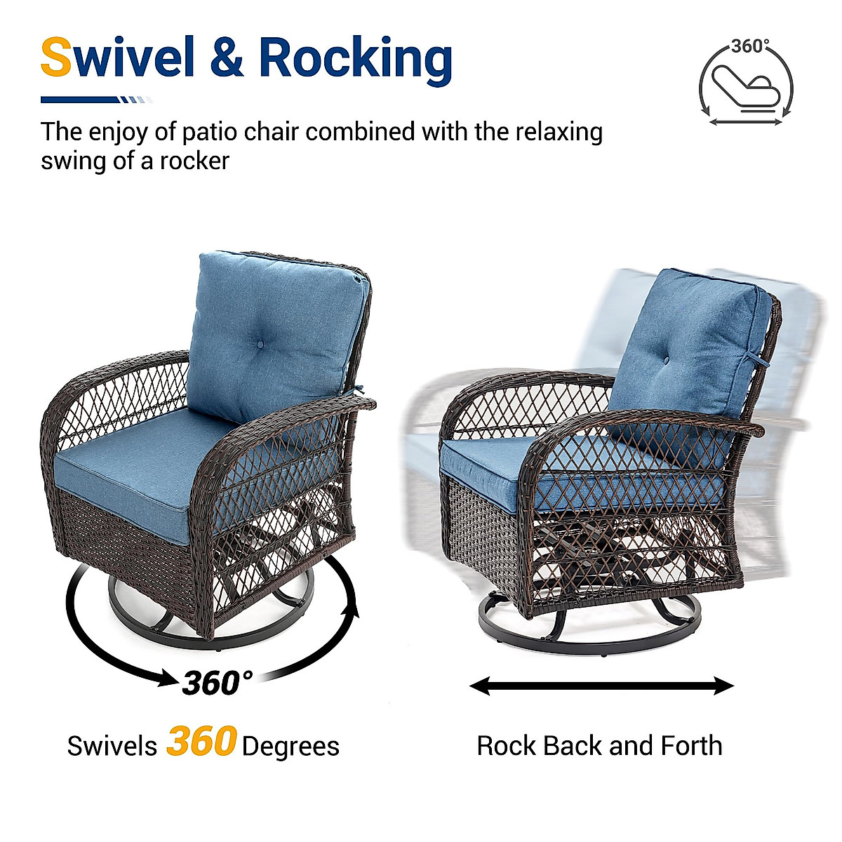 UDPATIO 3 Pieces Patio Furniture Set, Outdoor Swivel Gliders Rocker, Wicker Patio Bistro Set with Rattan Rocking Chair, Glass Top Side Table and Thickened Cushions for Porch Deck Backyard (Blue)