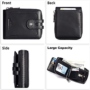 gzcz Mens Wallet with Zipper RFID Blocking Genuine Leather Bifold Purse with ID Window and Credit Card Holder (Black)