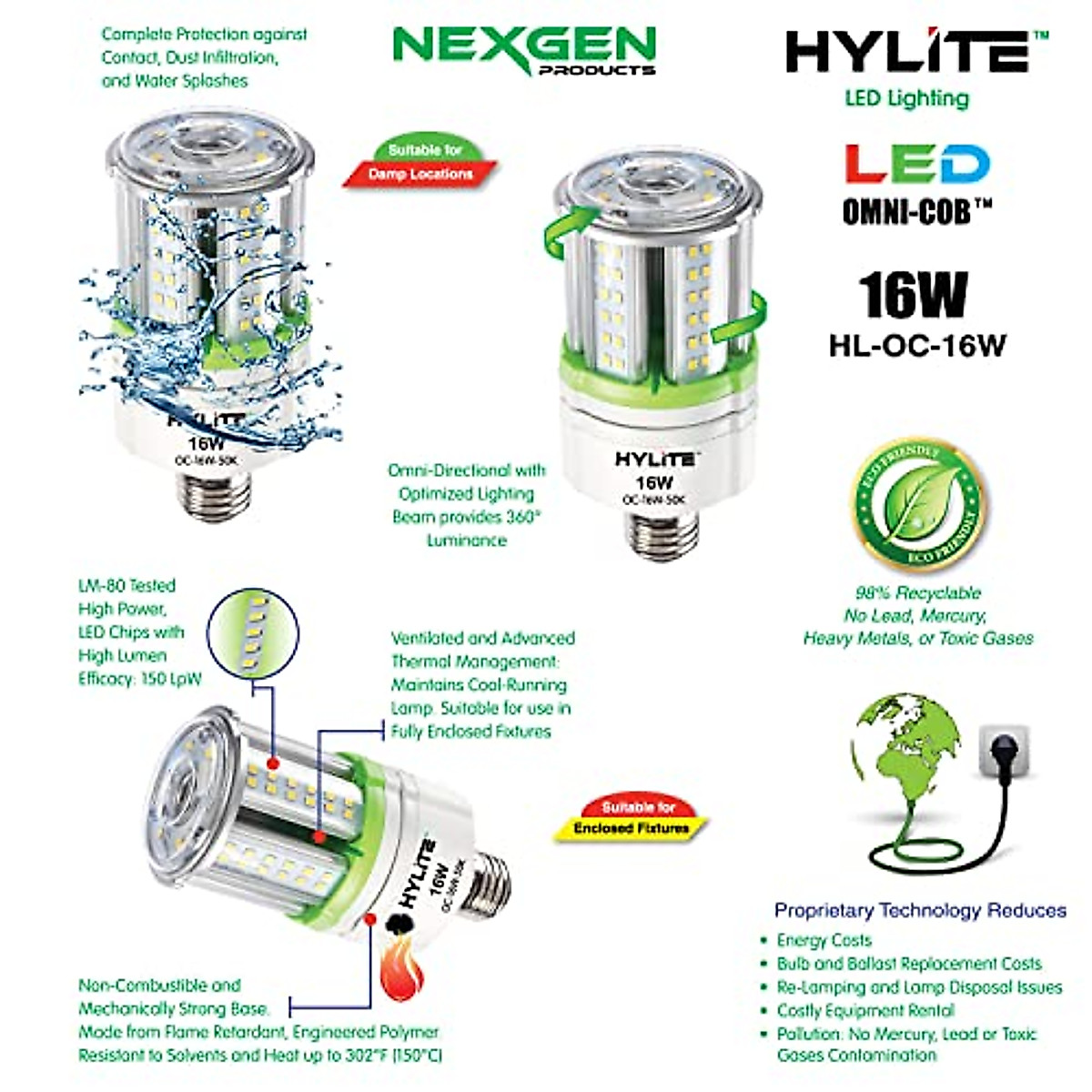 HyLite LED Lighting 16W High Performance LED Omni-Cob Lamp, 360º, (~70W HID), 50K, 2400 lm, 100~277V for Commercial Industrial Lighting Warehouse High Bay Light Fixture Garage Workshop, White