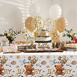 Tatuo 3 Pcs We Can Bearly Wait Baby Shower Tablecloth Decorations Teddy Bear Table Cover Balloon Bear Plastic Tablecloth for Bear Theme Birthday Baby Shower Party Decor, 54 x 108 Inch