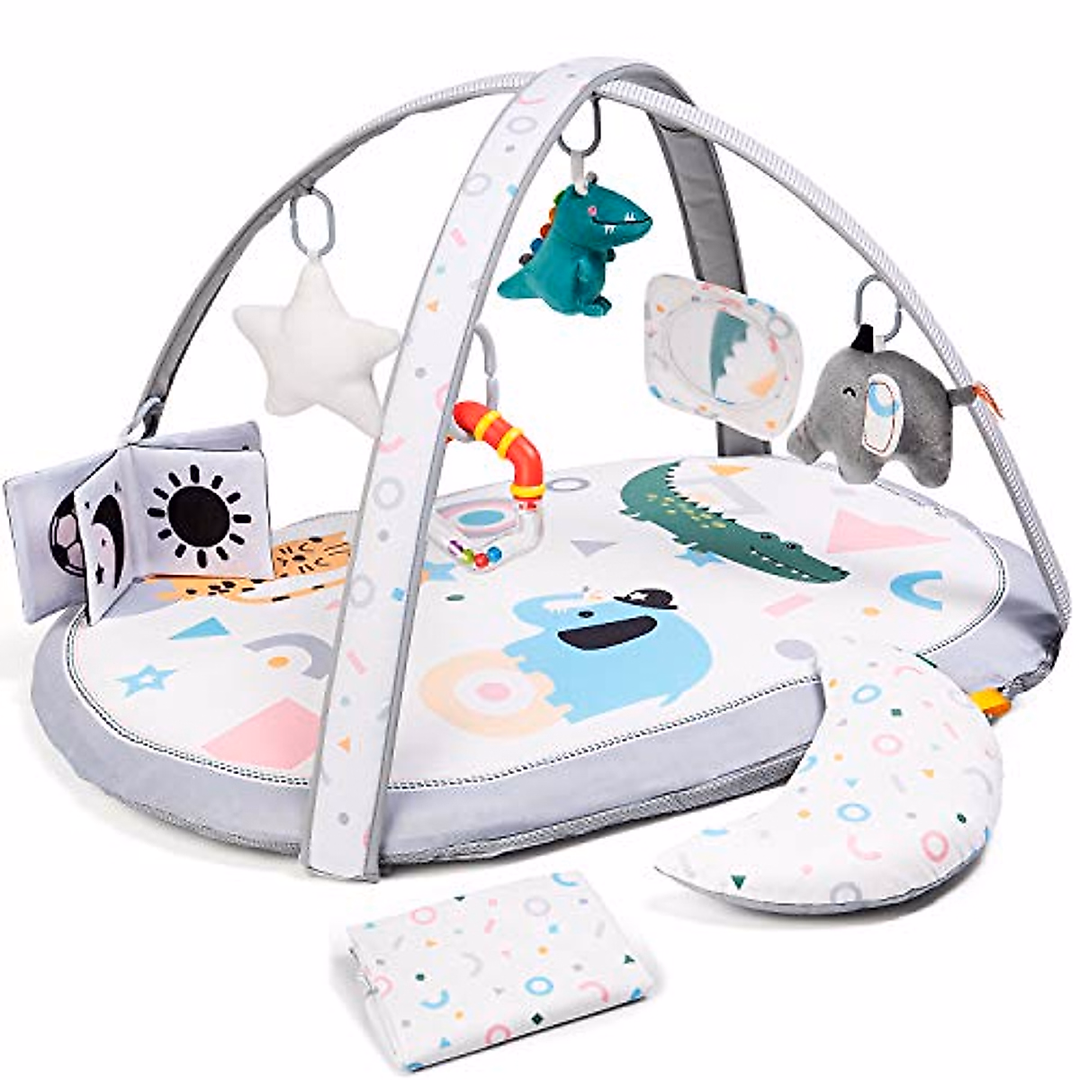 Lupantte 7 in 1 Baby Play Gym Mat, 2 Replaceable Washable Mat Covers Baby Activity Play Mat with 6 Toys, Visual, Hearing, Touch, Cognitive Development for Baby to Toddler, Thicker Non-Slip