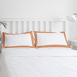Minimalist Orange Duvet Cover Set Queen Size,Microfiber Soft Comforter Quilt Duvet,Patterned Bed Duvet+Cover with Flat Sheet,Pillowcases,Zipper Closure,White Traditional Greece European Greek Art