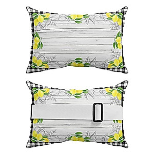 Recliner Head Pillow Ledge Loungers Chair Pillows with Insert Summer Lemon Black White Buffalo Plaid Retro Wood Grain Lumbar Pillow with Adjustable Strap Patio Garden Cushion for Bench Couch, 2 PCS