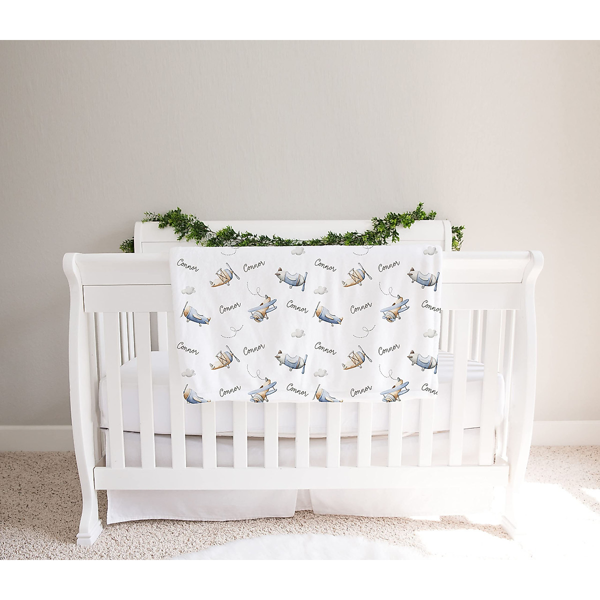 Stork Wares Retro Airplanes Personalized Baby Boy Swaddle Blanket, White, 30x40inch (BB343)