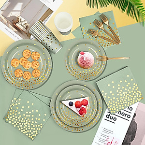 Etsutomy Sage Green Party Supplies, 127PCS Sage Green Paper Plates Napkins Cups Forks Disposable Dinnerware Set Serves 25 Guests, Sage Green Party Decorations for Wedding Baby Shower