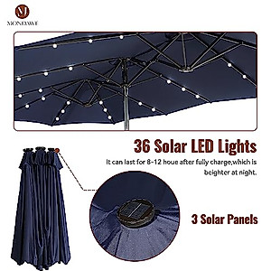 MONDAWE 15ft Double Sided Patio Umbrella with Solar Lights (Base Included) Large Outdoor Table Umbrella Rectangular Market Umbrella with Hand Crank 36 LED 12 Ribs for Outside Backyard Poolside