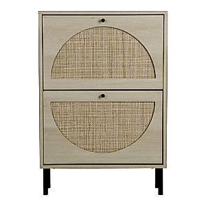 Yoluckea Rattan Shoe Storage Cabinet/Rack with 2 Flip Drawers for Entryway Modern Wooden Free Standing for Heels Slippers Hallway Bedroom Small Space(Natural)
