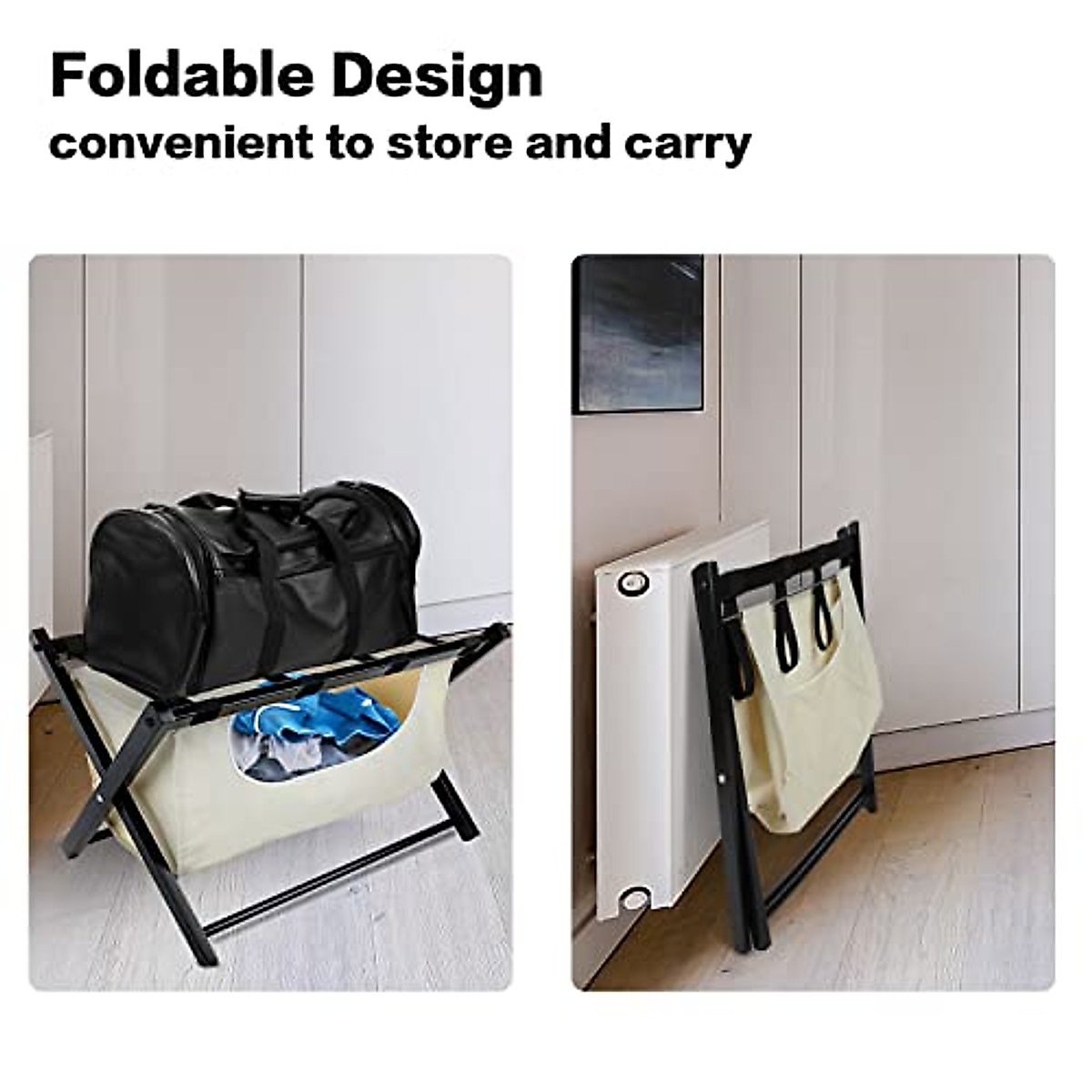 Babion Folding Luggage Racks with Shelf, Wooden Suitcase Stand, 2 Tier Foldable Luggage Racks with Heavy Duty Nylon Belts, Suitcase Bag Holder for Bedroom Guest Room, 4 Pack