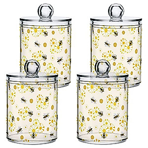 MNSRUU 2 Pack Qtip Holder Organizer Dispenser Cute Bee Bathroom Storage Canister Cotton Ball Holder Bathroom Containers for Cotton Swabs/Pads/Floss