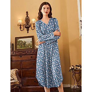 Ekouaer Womens Long Sleeve Nightgown Long Nightshirt Full Length Loungewear Button Down Sleep Dress Blue-Red Flowers XX-Large