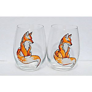 Red Fox Hand Painted Stemless Wine Glass Set of 2 Fall Farmhouse Home Decor