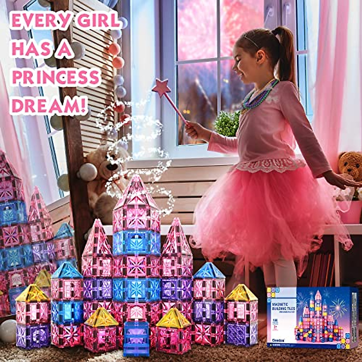 108pcs Diamond Magnetic Tiles with Dolls Princess Castle Building Toys, STEM Kids Toys Magnetic Blocks Doll House Toddler Toys, Christmas Birthday Gifts Ideas for 3+ Year Old Girls & Boys