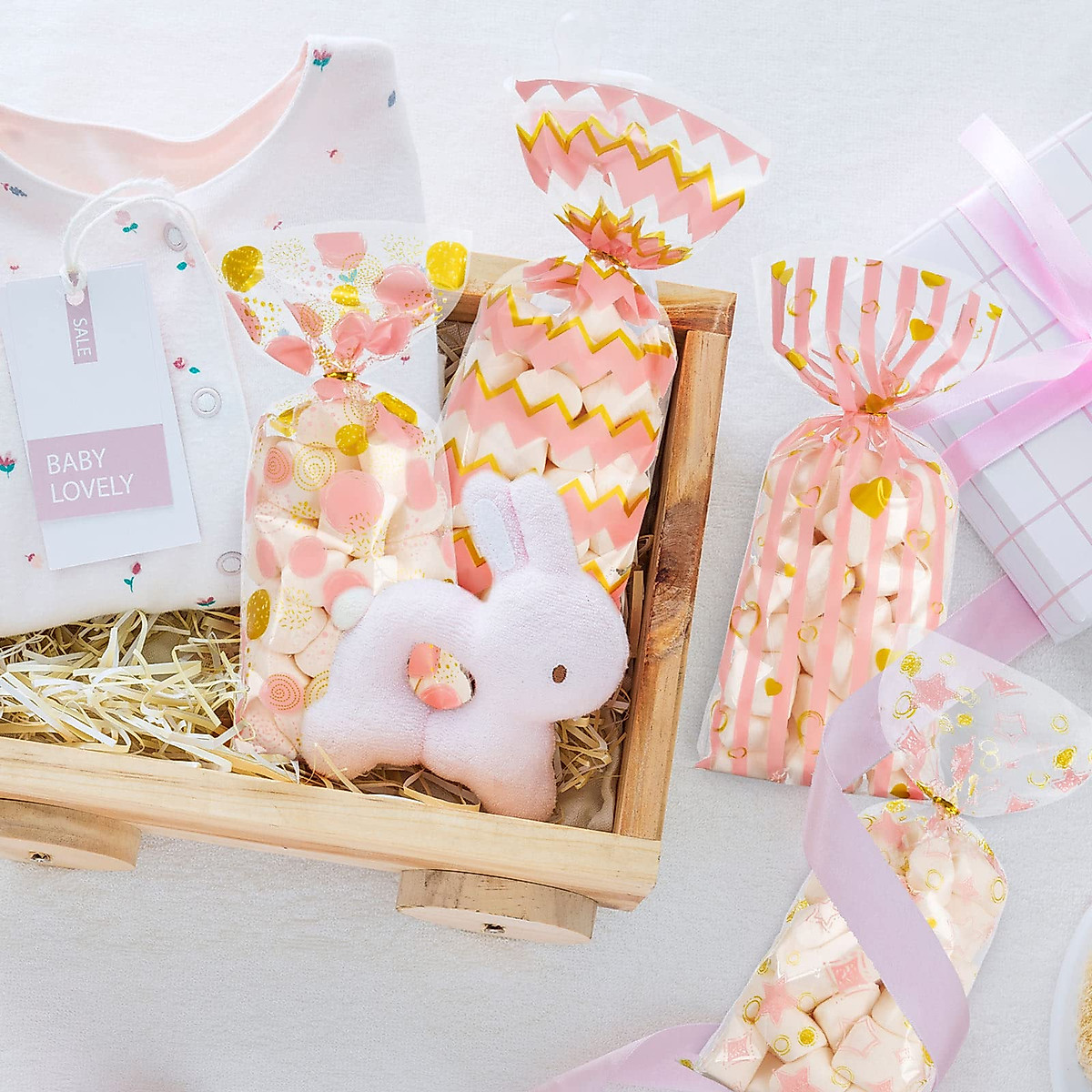 Whaline 120 Pack Valentine's Day Cellophane Bags with Twist Ties Wedding Cello Bags Pink Gold Goodie Treat Bags Dots Stripes Stars Hearts Candy Bags for Baby Shower Birthday Valentines Party Supplies