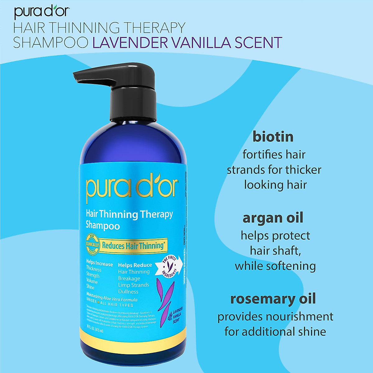 PURA D'OR 16 Oz Hair Thinning Therapy Biotin Shampoo - LAVENDER VANILLA Scent - CLINICALLY TESTED Effective Results, Herbal DHT Blocker Hair Thickening Products Women & Men, Color Safe Routine Shampoo