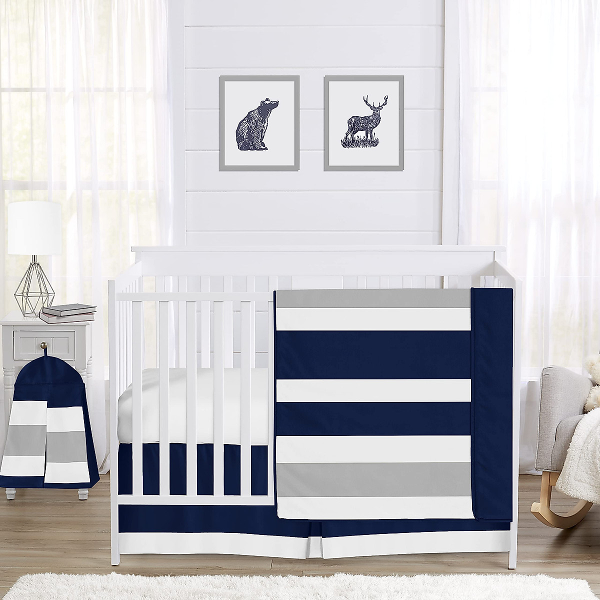 Sweet Jojo Designs Navy and Grey Stripe Baby Boy Girl Nursery Crib Bedding Set - 4 pieces - Blue, Gray and White Gender Neutral