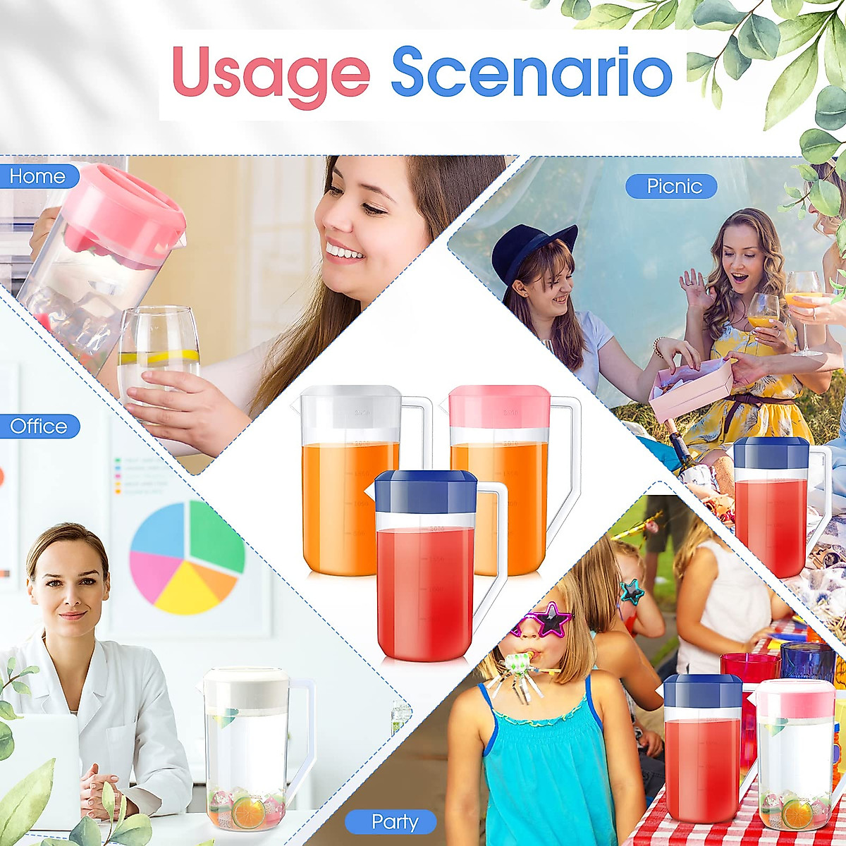 3 Pcs 0.67 Gallon 2.5 Liter Water Pitcher Set Plastic Pitcher with Lid Measurement 3 Position Lid for Hot Cold Drinks Lemon Juice Beverage Ice Tea Dishwasher Safe, 85 Oz (Clear and Pink, White, Blue)