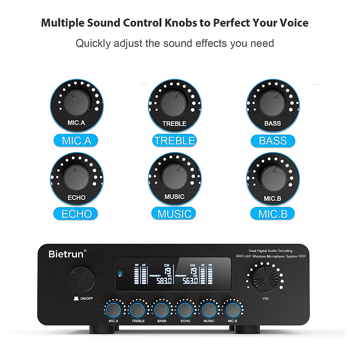 Wireless Microphone with Bluetooth＆Echo/Treble/Bass, 165 ft Range, Bietrun UHF Dual Handheld Cordless Dynamic Mic System for PA System/AMP/Home TV Karaoke/Bluetooth Speaker/(1/4''＆1/8‘’AUX Interface)