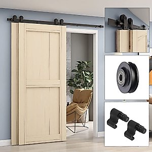 LQKUMJG 6.6FT Bypass Sliding Barn Door Hardware Kit Upgraded Heavy Duty Single Track for Double Doors, Fit 1 3/16" - 1 9/16" Thickness Door Panel, Black (T-Shaped Hanger)