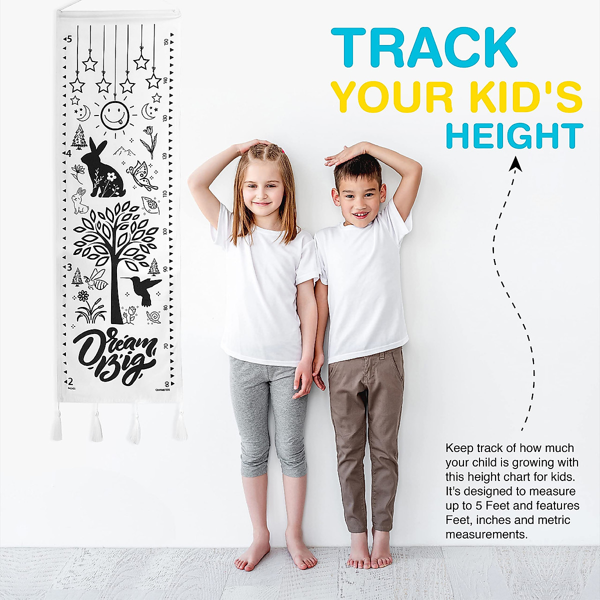 Canvas Growth Chart for Kids for Measuring Height Against The Wall Unique Gift Ideas, Gender Neutral Measure Toddler’s Growth for Boys and Girls Strong Fabric Height Ruler