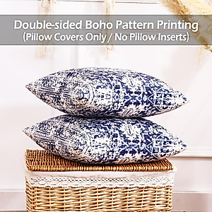 CARRIE HOME Navy Blue and White Farmhouse Decorative Throw Pillow Covers 18x18 Set of 2 Blue Boho Velvet Decorative Pillows 18 x 18 Soft Boho Room Decor for Couch Sofa and Bed