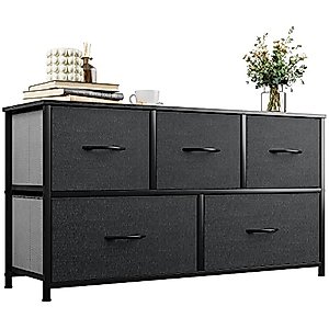 YITAHOME Wide Storage Tower with 5 Drawers - Fabric Dresser, Organizer Unit for Bedroom, Living Room, Closets & Nursery - Sturdy Steel Frame, Easy Pull Fabric Bins & Wooden Top (Black/Grey)