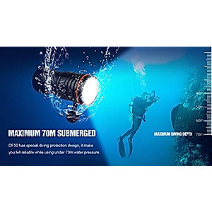 TrustFire DF50 Scuba Diving Light, 6500 Lumens Video Camera Photography Dive LED Flashlight, USB Rechargeable Torch, 70M Underwater, Super Bright, with Violet Red White Lights