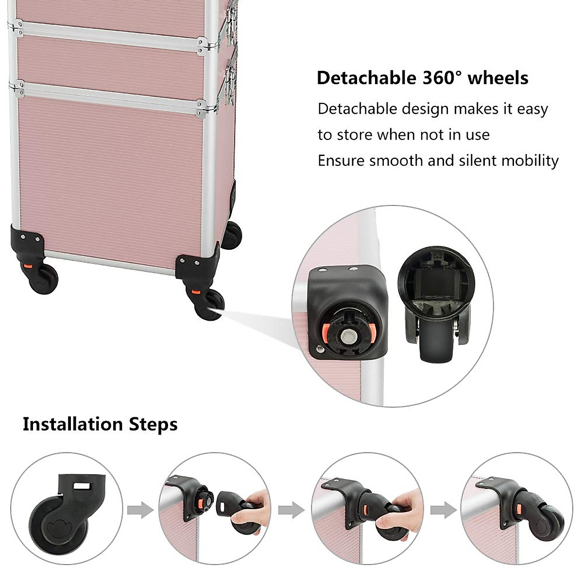 mefeir 4 in 1 Rolling Makeup Train Case, Aluminum Makeup Travel Organizer Cosmetic Case, Cosmetology Display Suitcase on Wheels, Beauty Storage Luggage Lockable w/4 Removable Wheels (Pink)