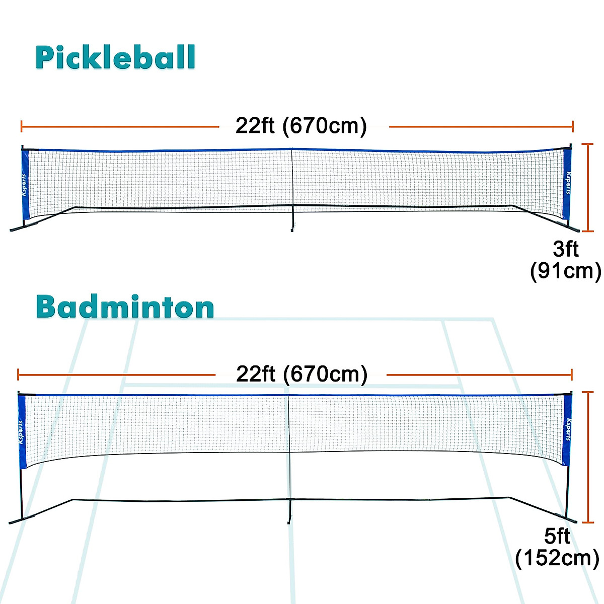 Ksports 22 Feet Multifunctional Nylon Pickleball Net with 4 LED Shuttlecocks, Carry Bag and 2 Game Balls for Badminton and Tennis, for Sports, Blue