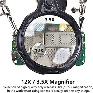 mlogiroa Helping Hands Soldering Station, 3.5X 12X Magnifying Glass LED Lighted Magnifier with Auxiliary Clips Alligator Clamp Repair Tools Kit for Soldering, Assembly, Miniatures