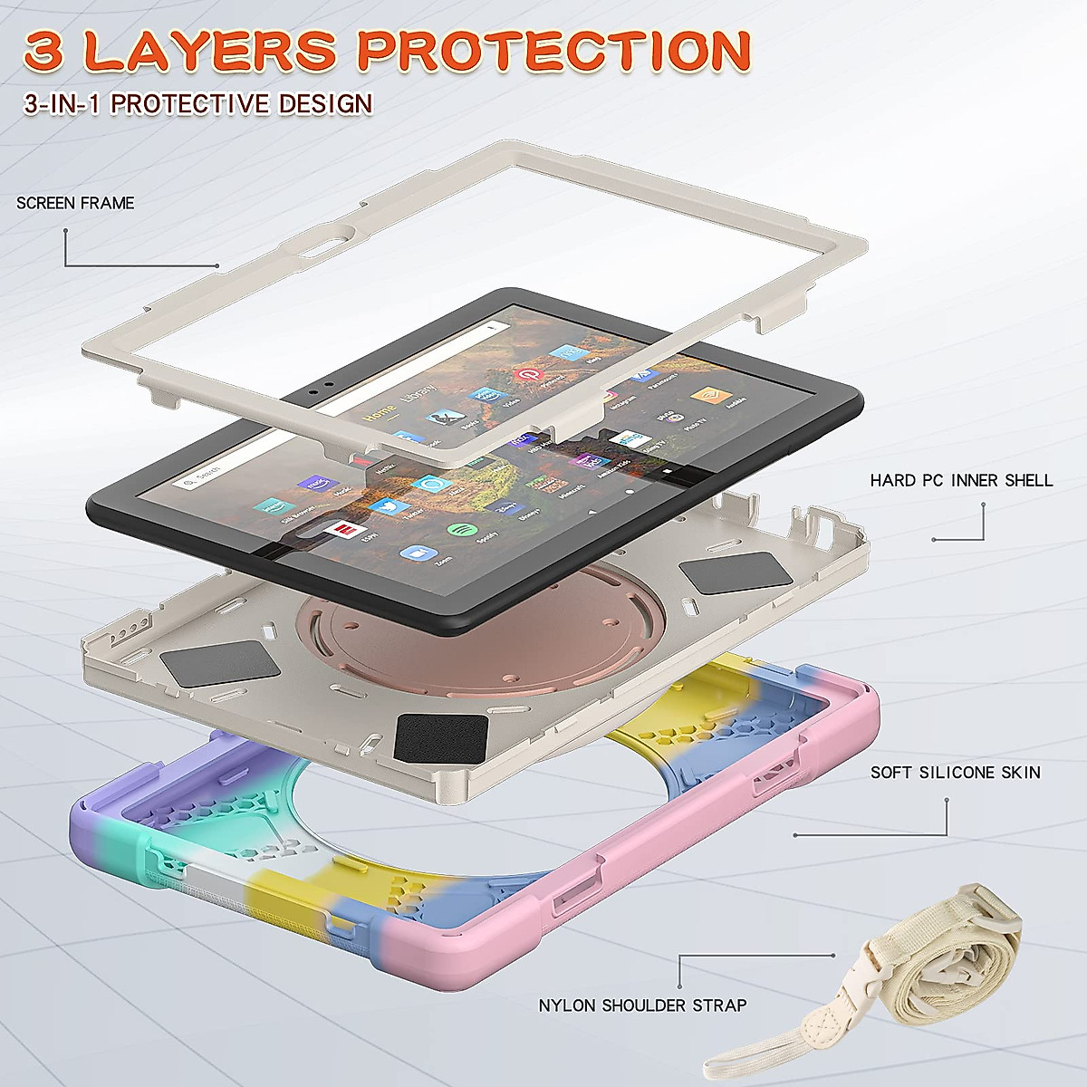 360 ° Rotation Portable Case for Fire HD 10 & 10 Plus Tablet（11th Generation, 2021 Release Rugged Case Rotating Stand Hand Strap Shoulder Carrying Strap Outdoor Cover (Colourful Pink)